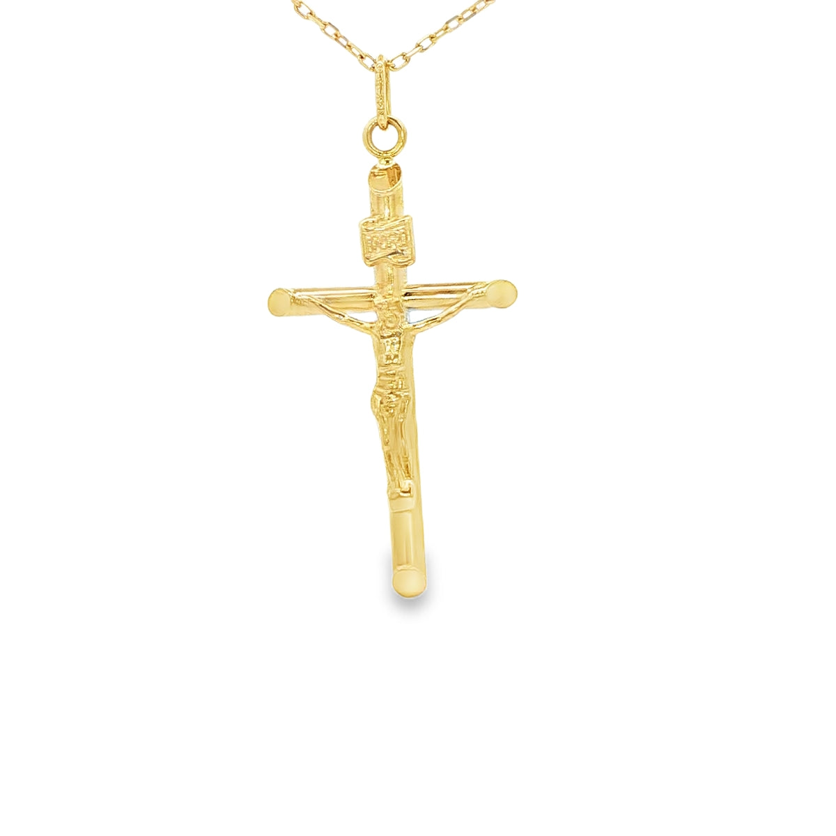 14 KARAT DIAMOND CUT CHARM JESUS CROSS CIRCLE BACK – VM JEWELRY